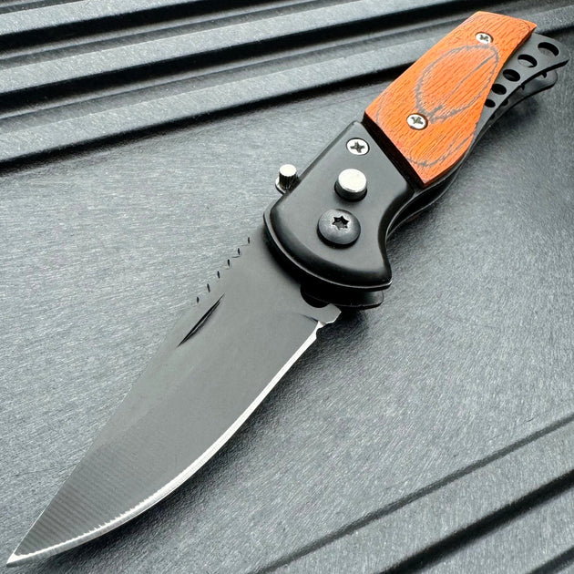 Everyday Carry Mini Covert Auto Pocket Knife Black w/ Wood | MEGAKNIFE ...