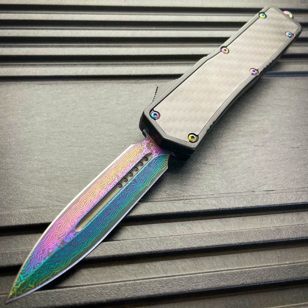 Rainbow Etched Blade w/ Carbon Fiber Handle | MEGAKNIFE WHOLESALE